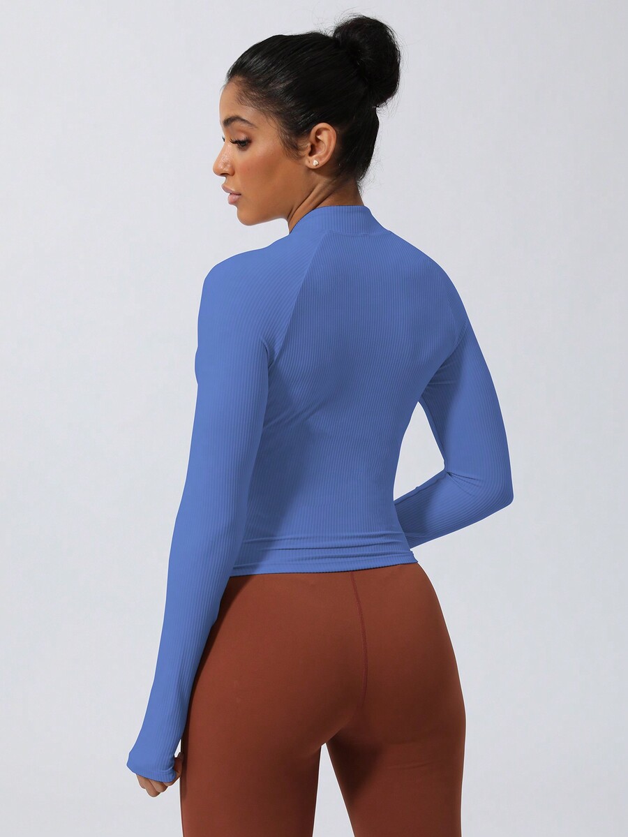 Women'S Solid Color Ribbed Knit Stand Collar Yoga Jacket With Thumbhole ...