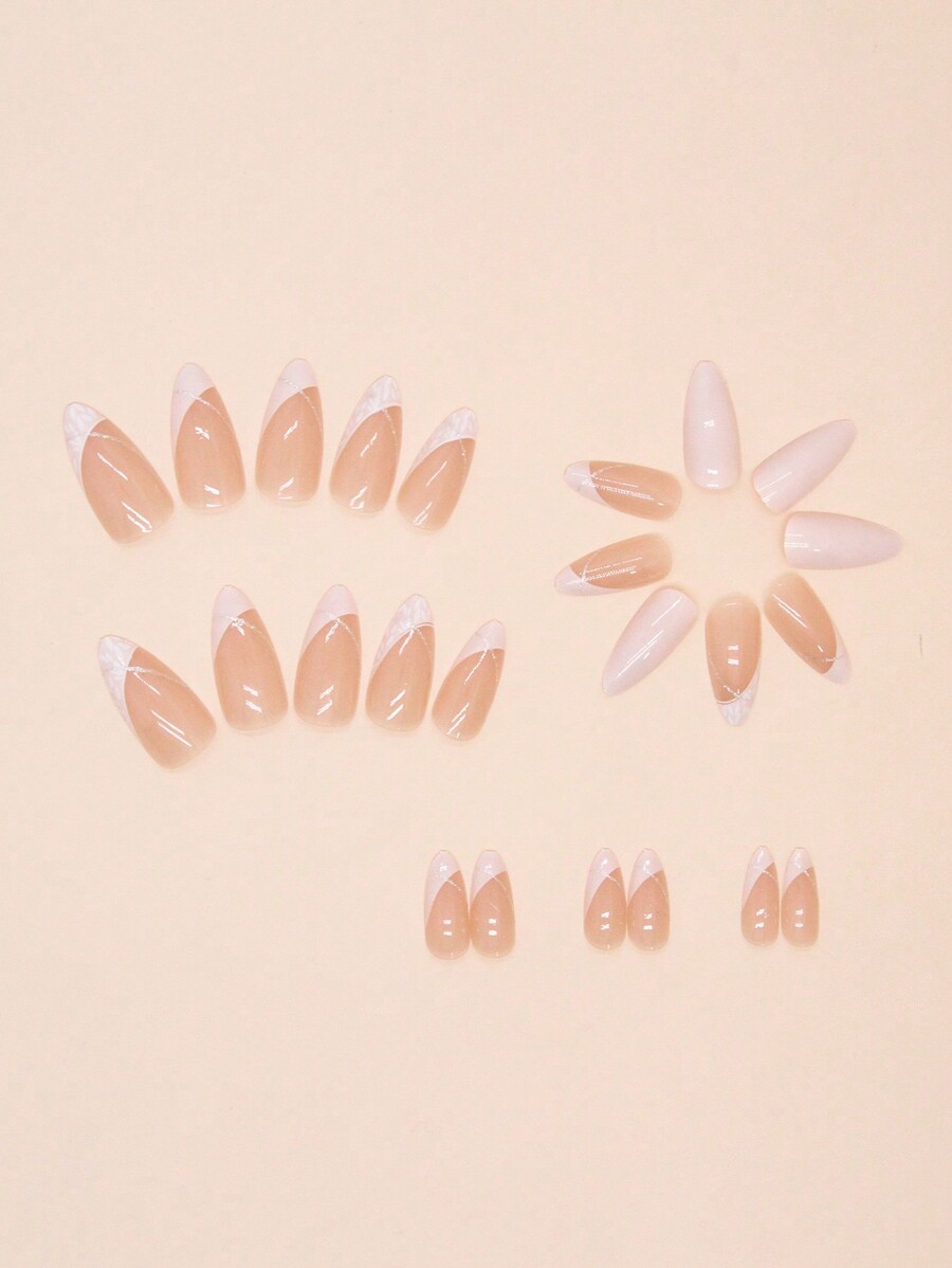 24pcs Long Almond Shape Simple Stripe Design Artificial Nails + 1pc ...