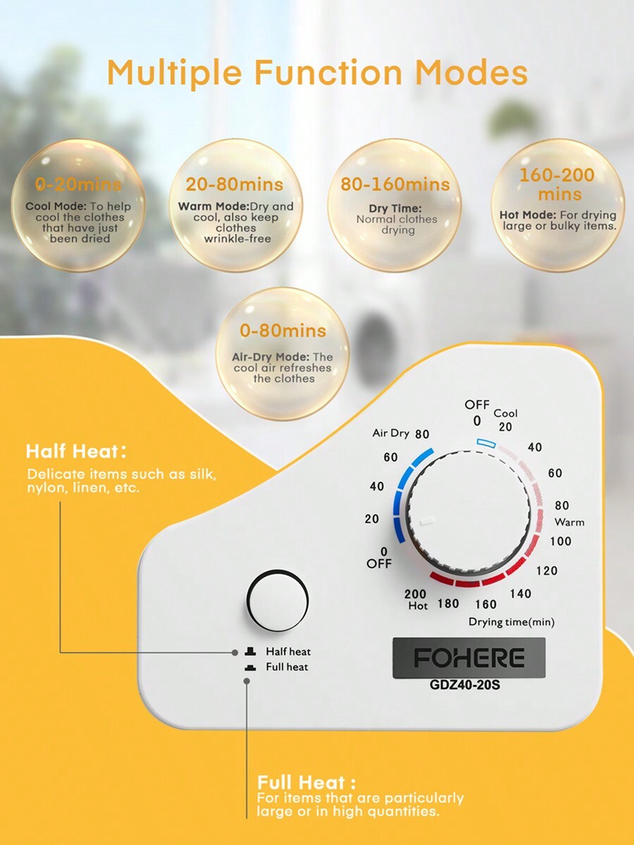 4KG Vented Tumble Dryer With 5 Drying Options, FOHERE 1200W Compact ...