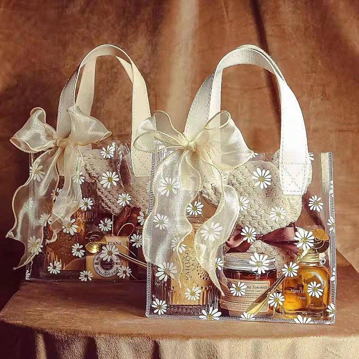 1pc Pvc Gift Bag With Ribbon, Transparent Daisy Printed Gift Packaging ...