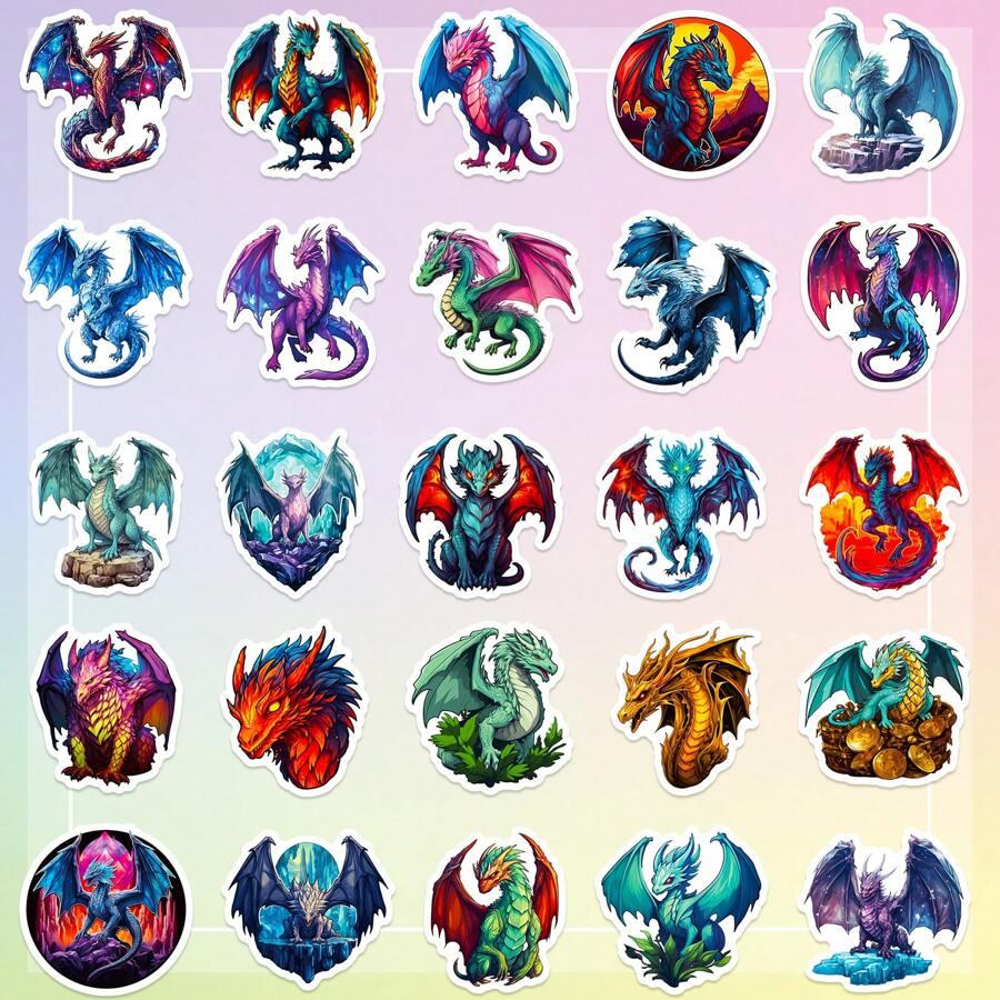 50pcs Dragon Stickers Pack, Cartoon Cool Fire Breathing Flying Dragon ...