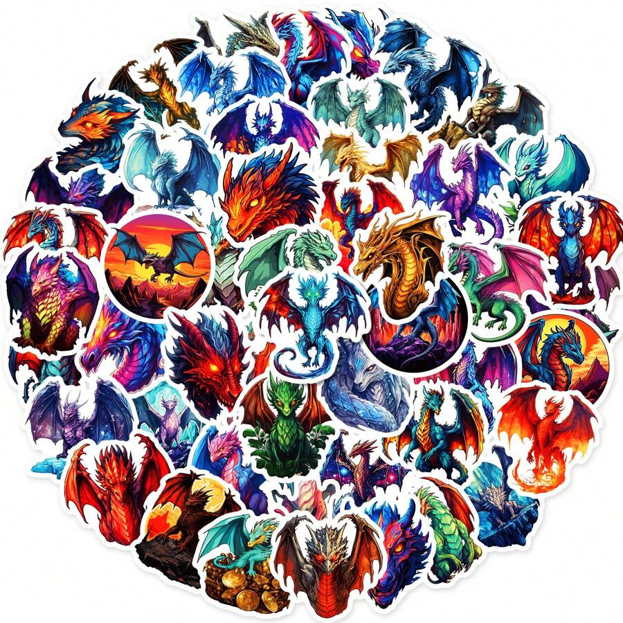 50pcs Dragon Stickers Pack, Cartoon Cool Fire Breathing Flying Dragon ...