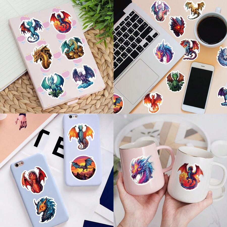 50pcs Dragon Stickers Pack, Cartoon Cool Fire Breathing Flying Dragon ...