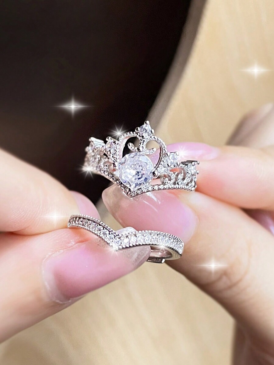 2pcs Niche Unique Design Temperament Crown Princess Wedding Ring ...
