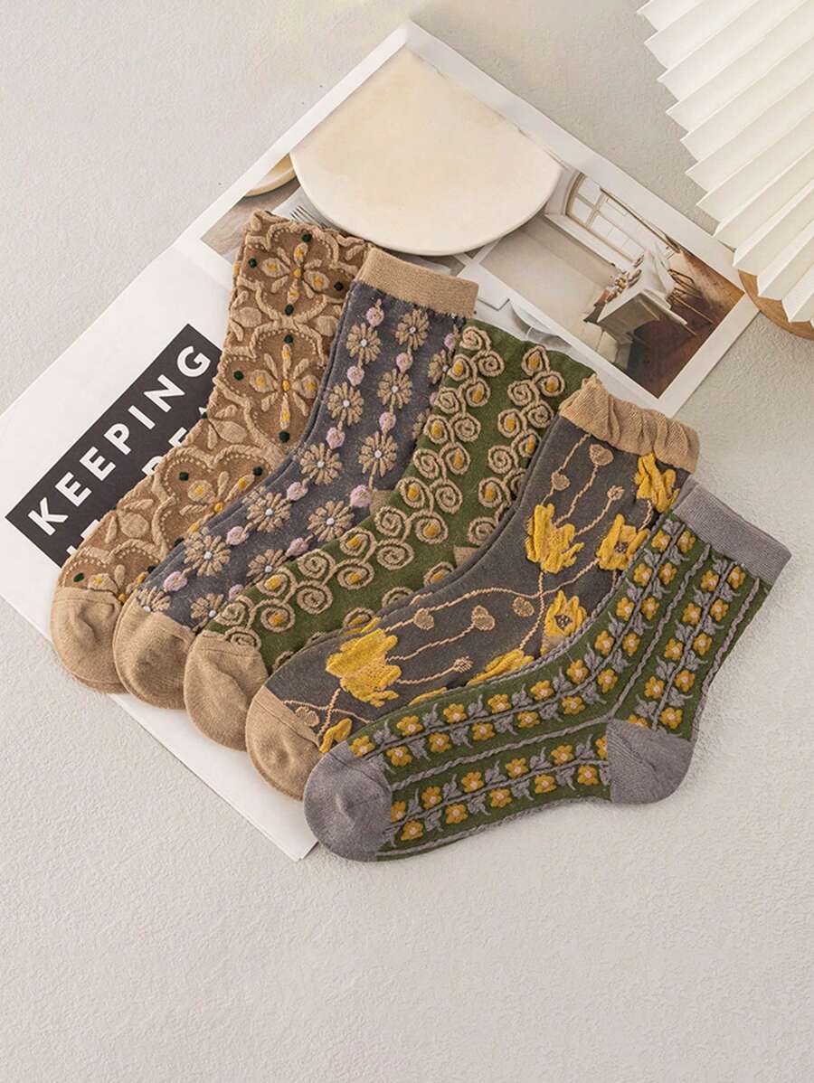 5pairs/set Ladies' Vintage Court Style Mid-calf Socks With 3d Floral ...