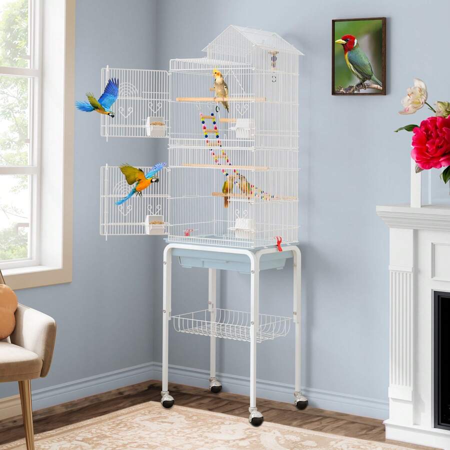 White/Black 62-Inch Large Metal Flight Bird Cage With Roof Top, Rolling ...