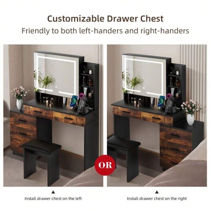 VOWNER Makeup Vanity Dest Set With Sliding Lighted Mirror And Outlets ...