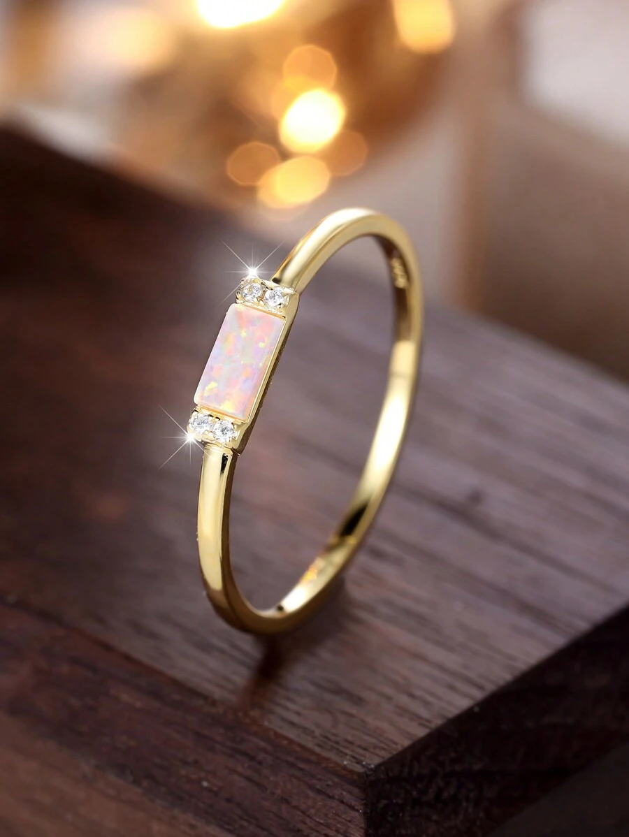 1pc Simple Pure Silver Gold-Color Cubic Zirconia Rectangular Ring ...