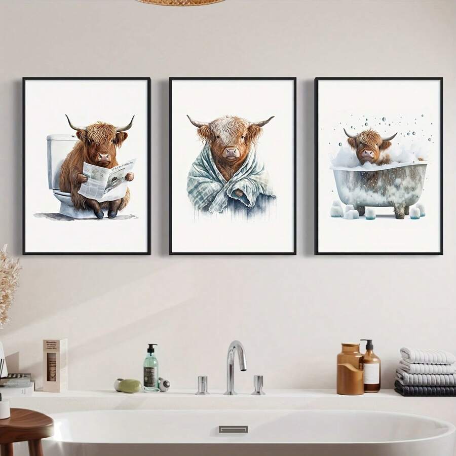3pcs/Set Funny Scottish Highland Cow Bathroom Print Wall Art Canvas ...