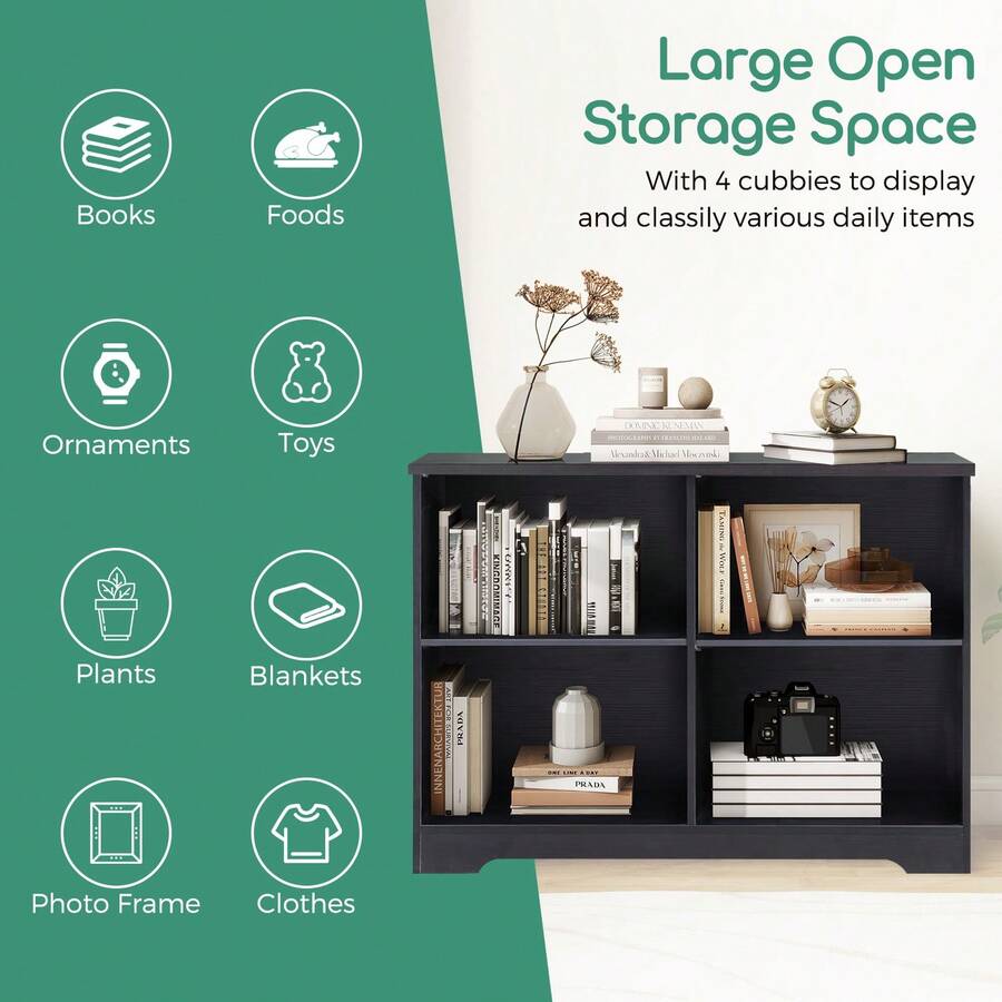 Bookcase With Open Adjustable Shelves, 2-Tier Bookcase 4 Cube Bookshelf ...