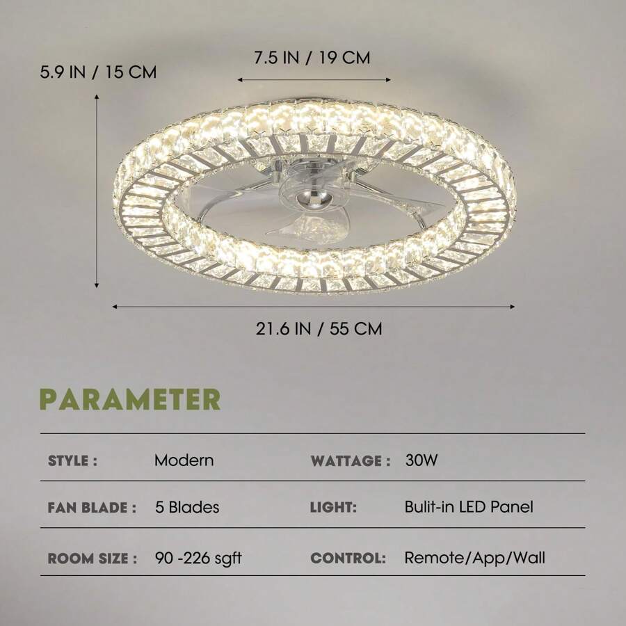 Flush Mount Ceiling Fan With Light, 22" Modern Crystal Chandelier ...