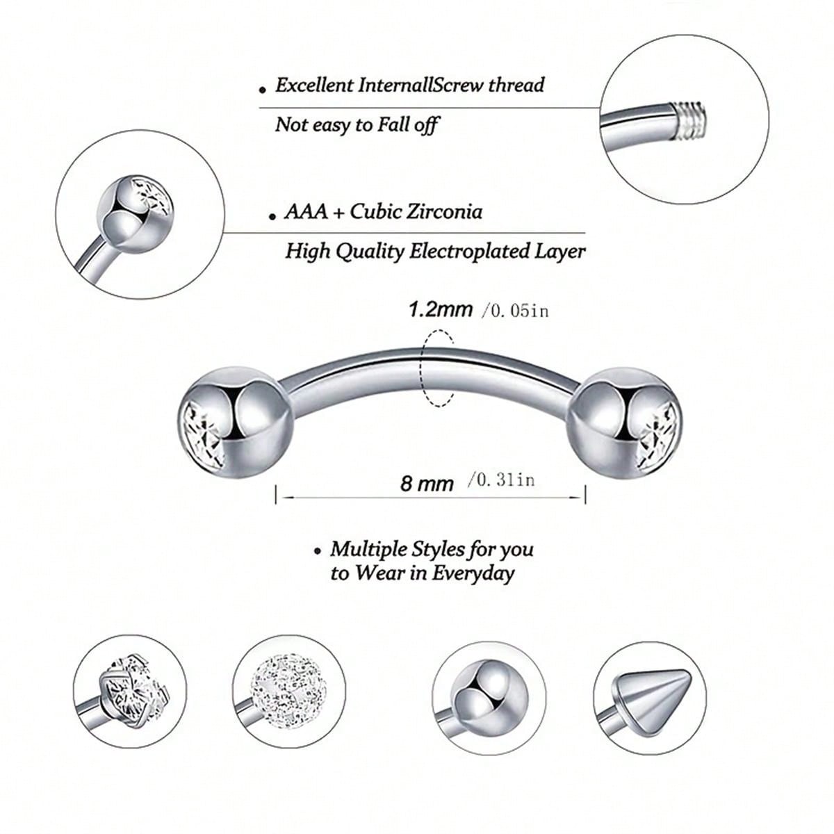 10Pcs Fashion 316L Stainless Steel Hypoallergenicity Rook Piercing Jewelry For Women Men ...