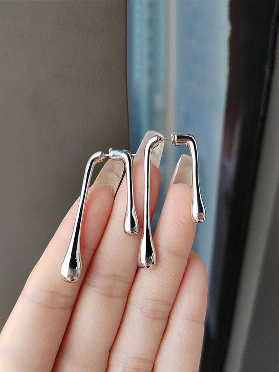 1pair Gold-Color Asymmetric Line Design Earrings With High-Fashion ...