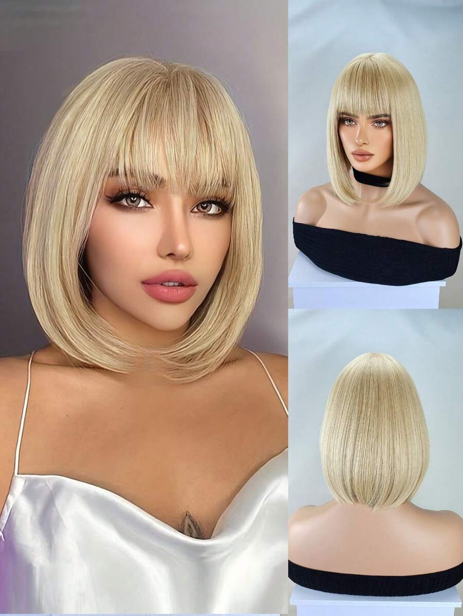 12 Inch Blonde Wig With Bangs, Short Blonde Bob Wig For Women, Straight ...