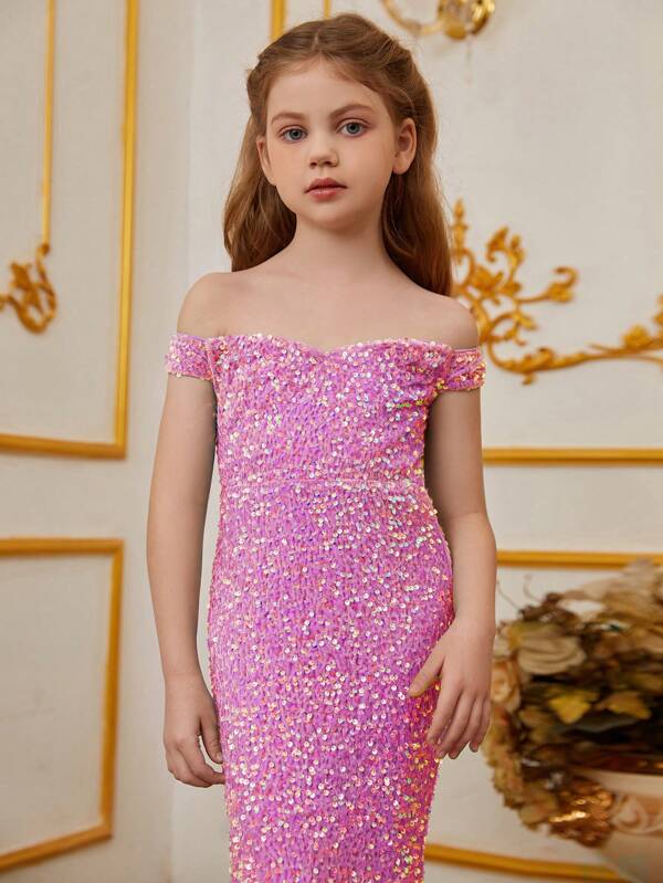 Tween Girl One Shoulder Sequin Mermaid Formal Evening Gown | SHEIN