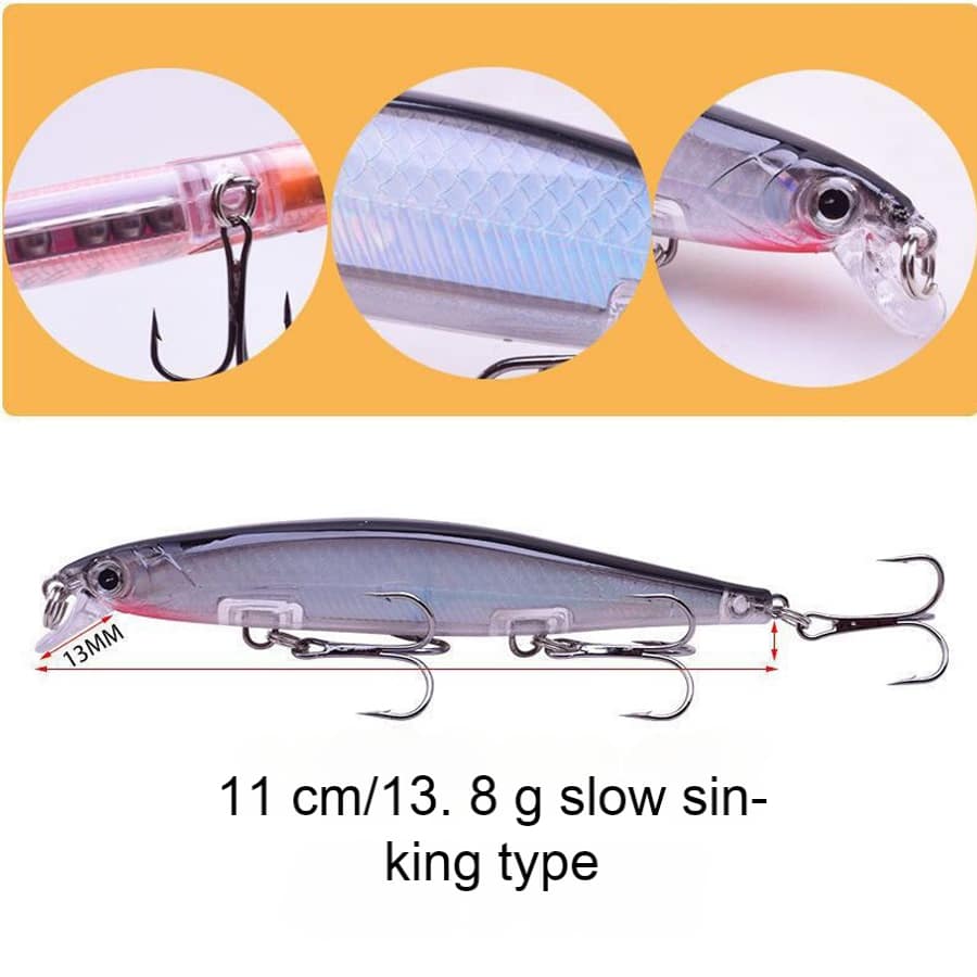 1pc 11cm 13.5g Three Hook Slow-Sinking Minnow Lure With Rattle Beads ...