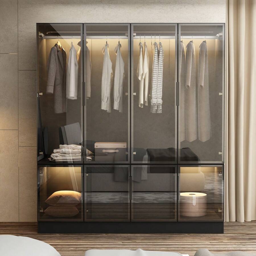 Glass Wardrobe Closet With Lights And 2 Drawers, Armoires And Wardrobes ...