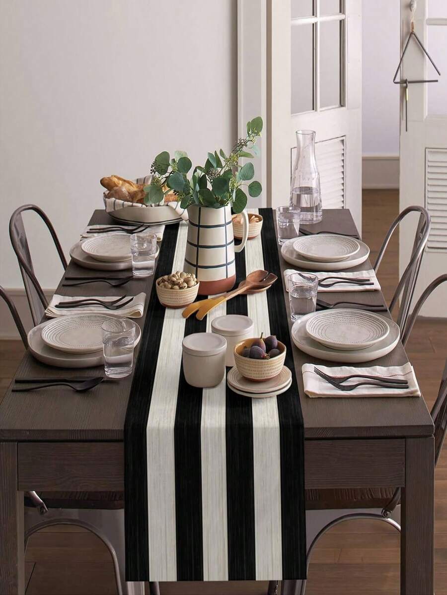 Black And White Striped Wood Grain Patterned Linen Table Runner ...