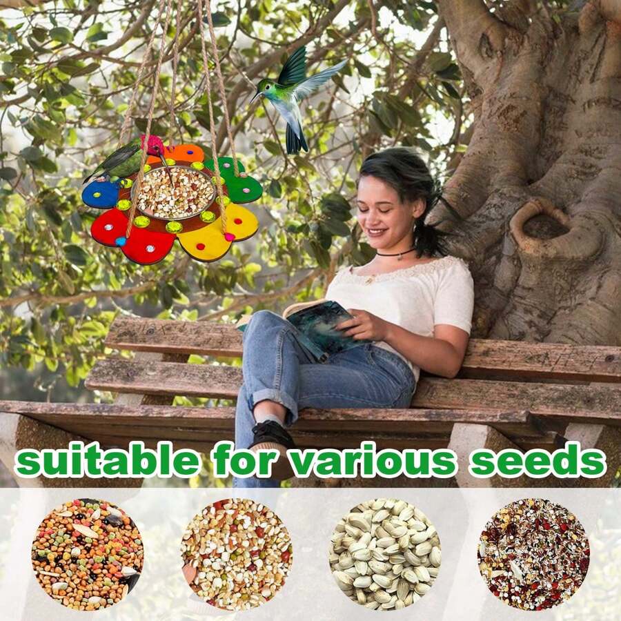 3 Piece Hanging Bird Feeder With Tray, Wooden Wild Bird Bird Seed Feeder Tray, Five Leaf Flower ...