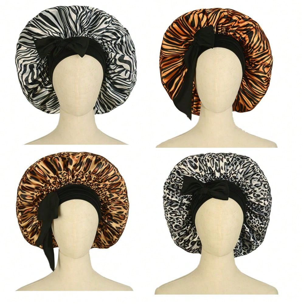 1pc Leopard Bonnet Silk Night Cap Leopard Print Satin Elastic Wide Edge ...