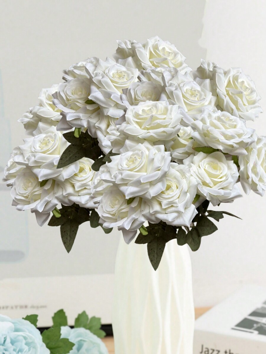 32 Heads White Artificial Rose Flowers, Real Looking Fake Rose 4Pcs ...