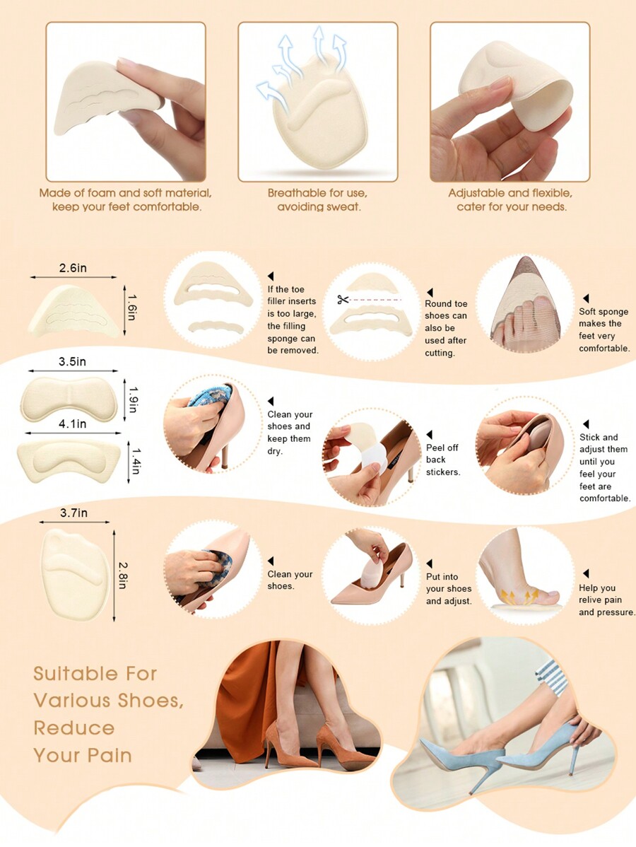 6 Pairs Adjustable Toe Filler, Forefoot Pads, Heel Grips, Stop Shoes ...
