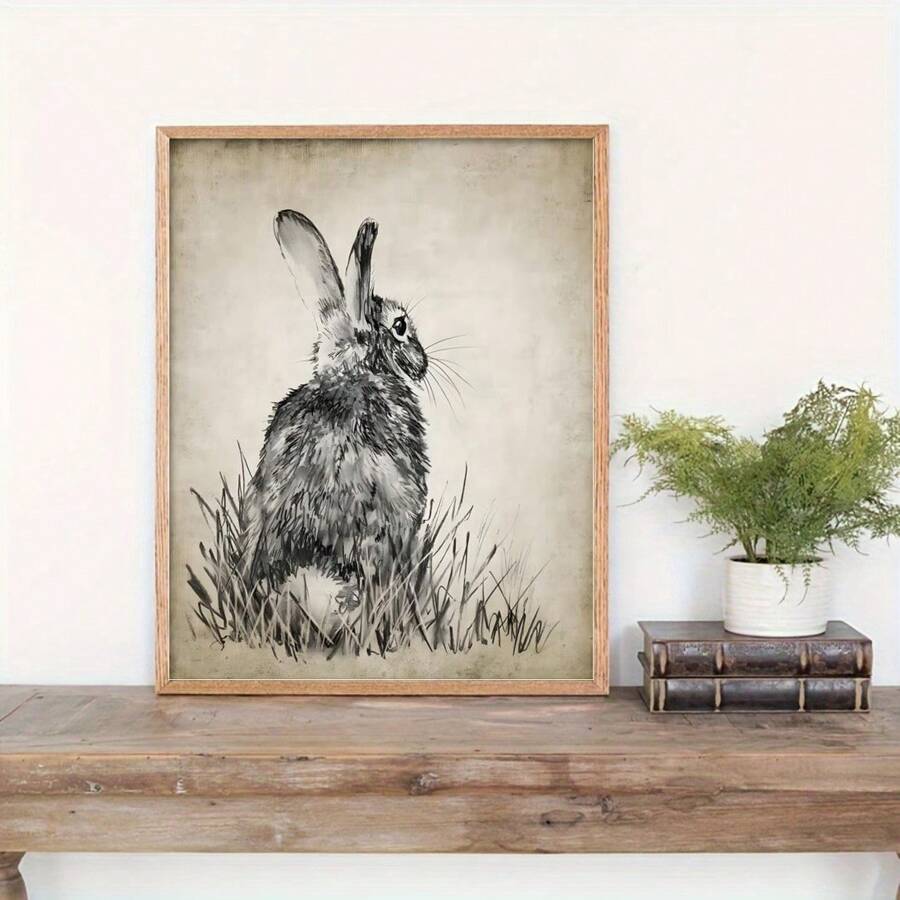 1pc Easter Bunny Wall Art Print, Vintage Rabbit Drawing Poster, Retro ...