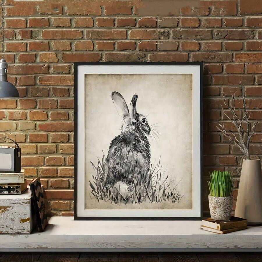 1pc Easter Bunny Wall Art Print, Vintage Rabbit Drawing Poster, Retro ...