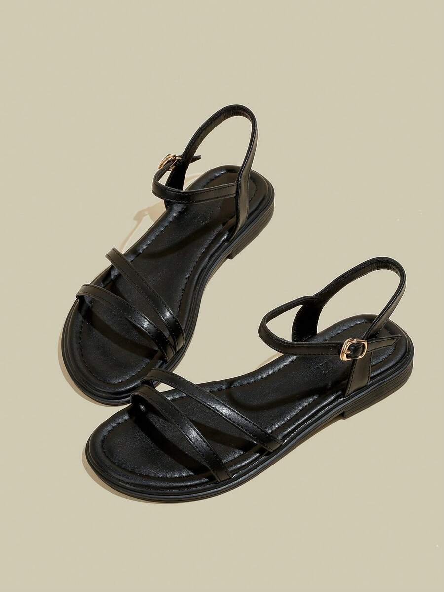 Women's Black Flat Open Toe One-Strap Sandals, Simple Minimalist Thin ...