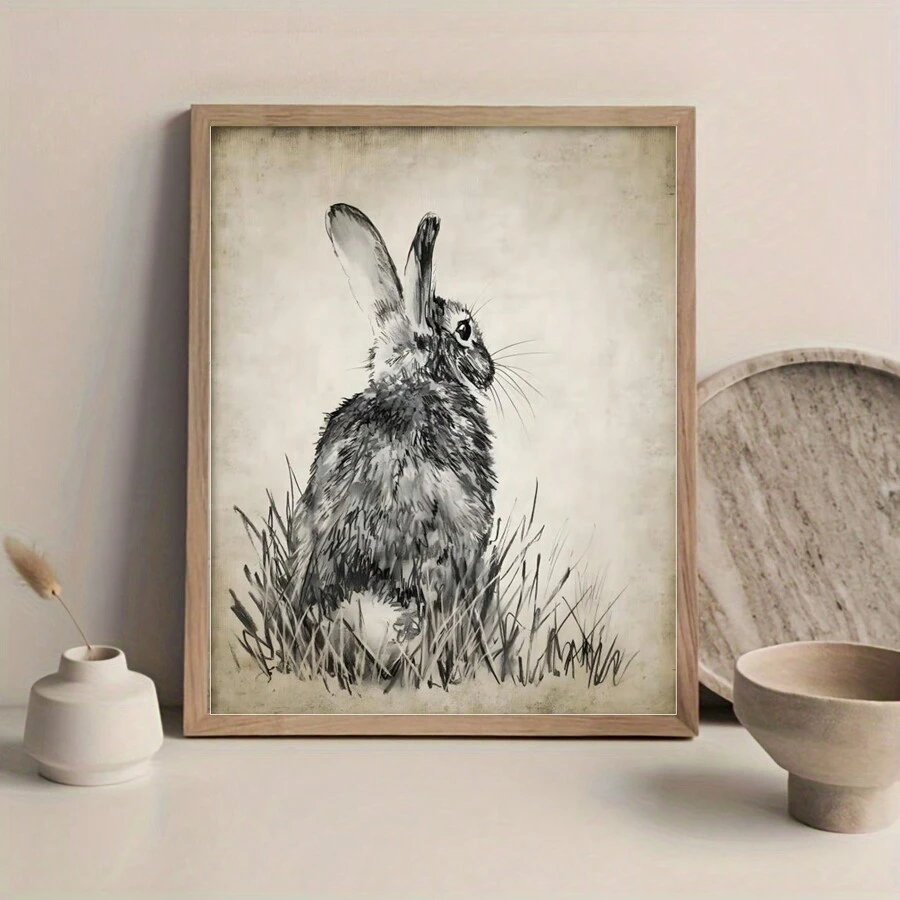 1pc Easter Bunny Wall Art Print, Vintage Rabbit Drawing Poster, Retro ...