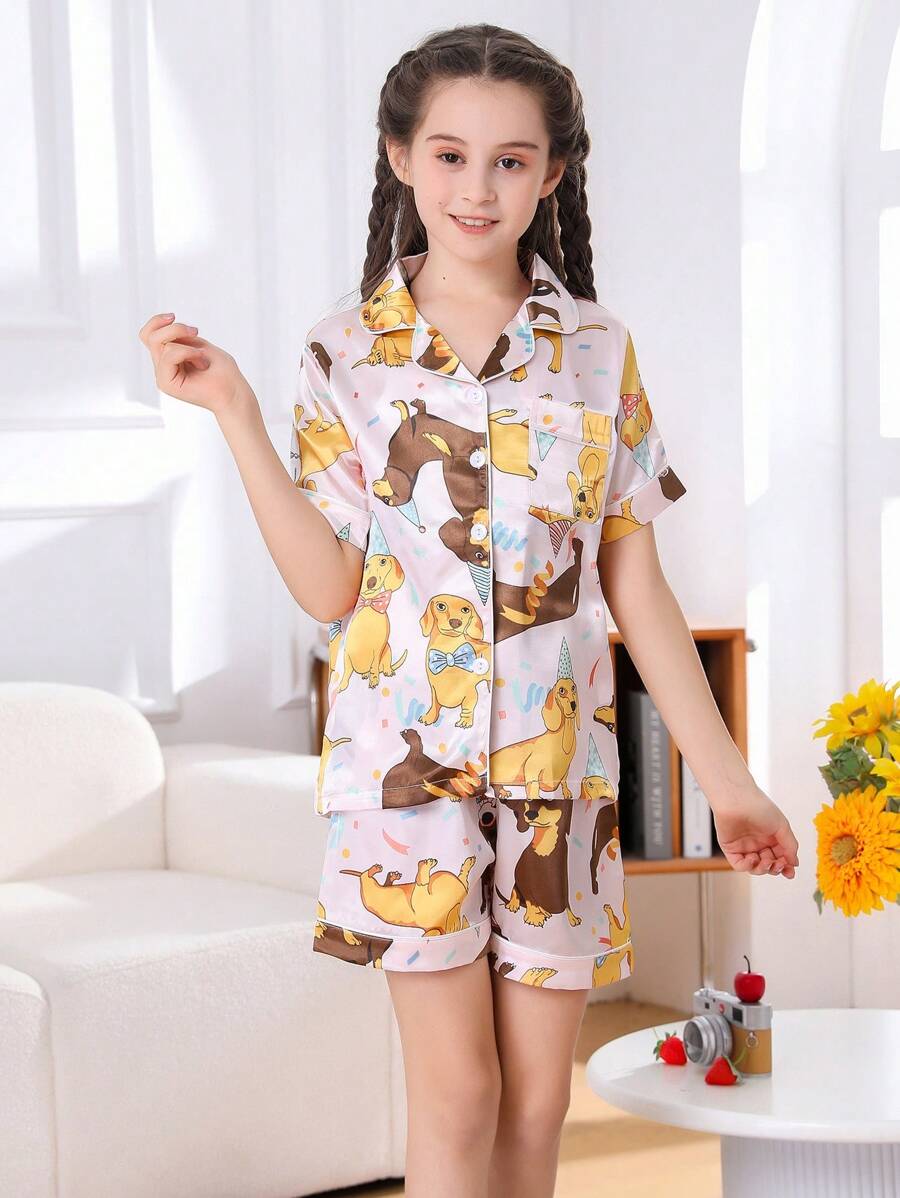 2pcs/Set Tween Girls' Ice Silk Short Sleeve Pajama Set, Featuring Dog ...