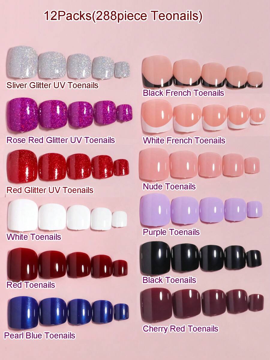 288pcs(12Packs) Short Square Press On Toenails 3 Glitter Press On ...