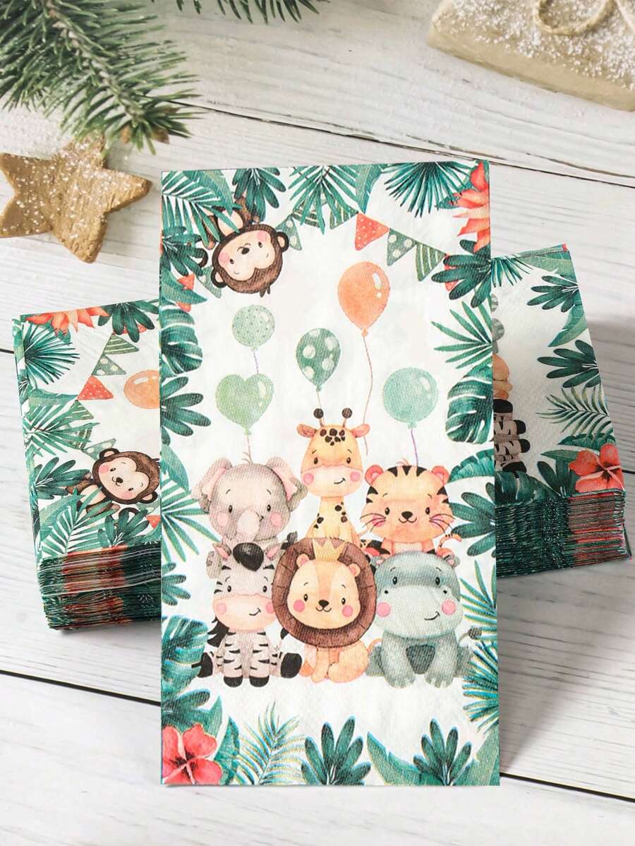 20Pcs Jungle Animal Tableware Rectangle Disposable Tissue Wild One ...