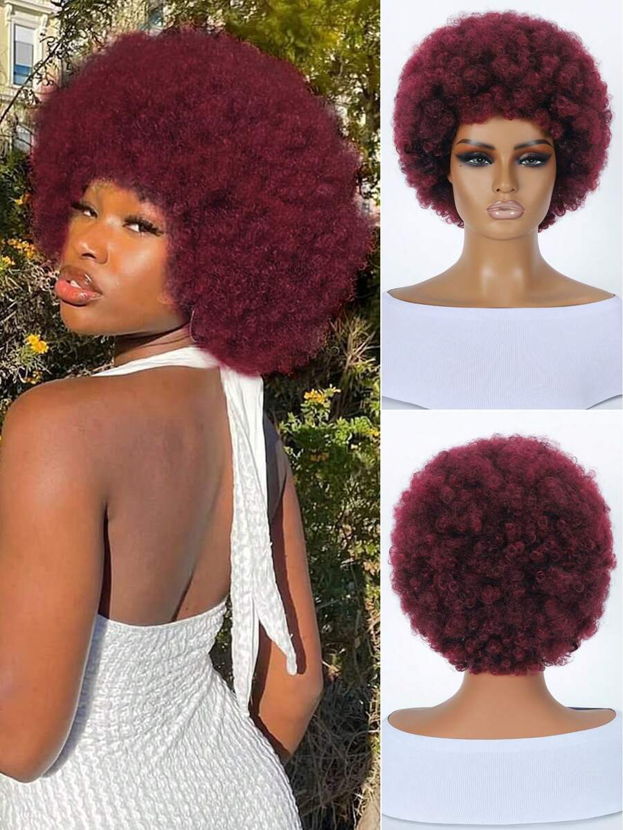 10" Wine Red Afro Wig - Soft Afro Wig 70s For Women Afro Kinky Curly Hair Wigs With Bangs ...