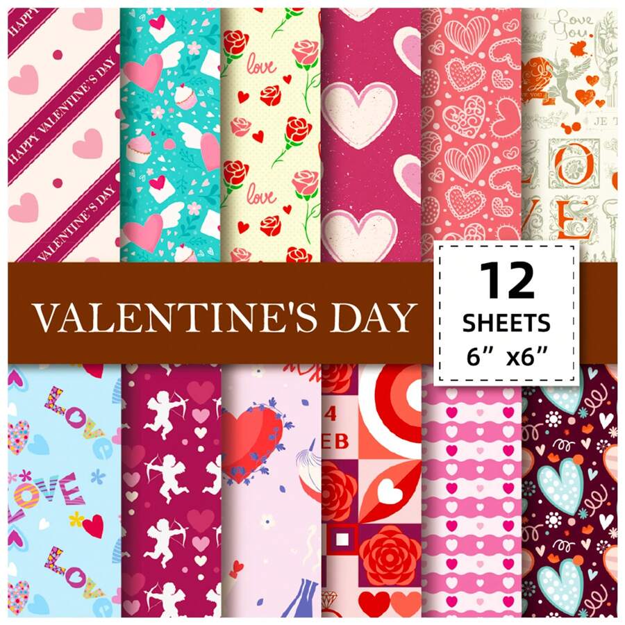 12 Sheet 6"*6" Valentine's Day Scrapbook Paper, Red Pink White Heart ...