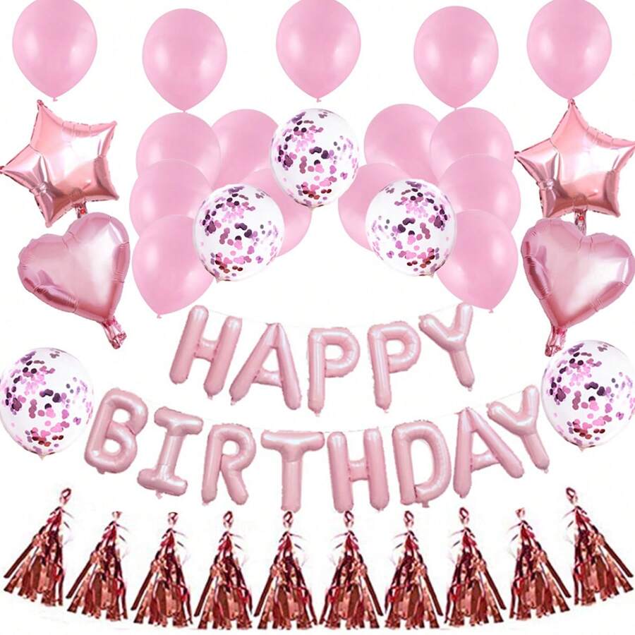 Birthday Balloon Set Including 16-Inch Pink 'happy Birthday' Letter Foil Balloon, Pink Fringe ...