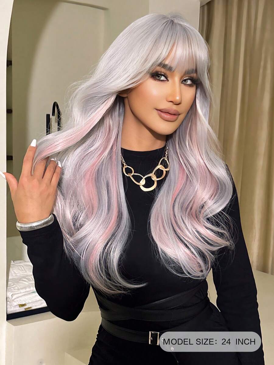 NICKY WALL Silver Wig With Bangs Soft Long Wavy Wig Highlight Pink Hair ...