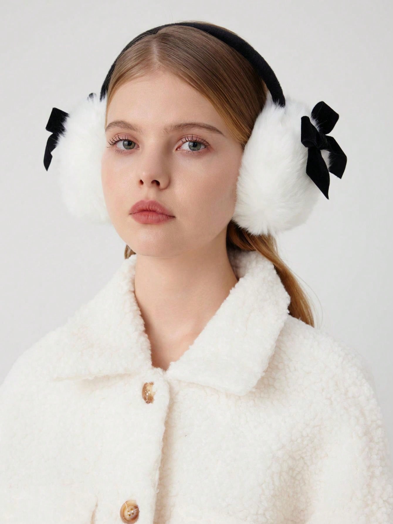 1PC Black And White Bow Style Plush And Warm Y2k Girls' Earmuffs ...