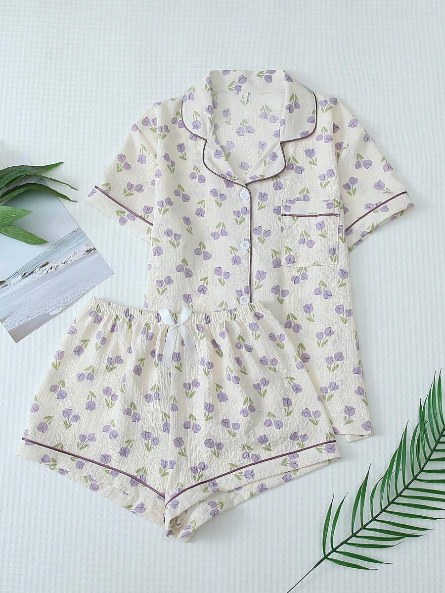 2pcs/Set Women's Purple Floral Print Pyjama Set With Contrast Trim ...