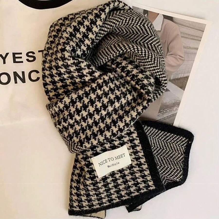 1pc Women's Colorblock Houndstooth Check Pattern Square Knit Scarf ...
