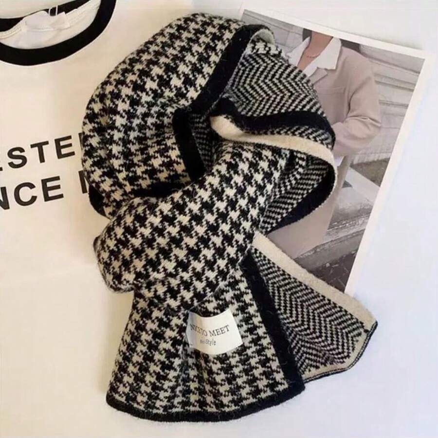 1pc Women's Colorblock Houndstooth Check Pattern Square Knit Scarf ...