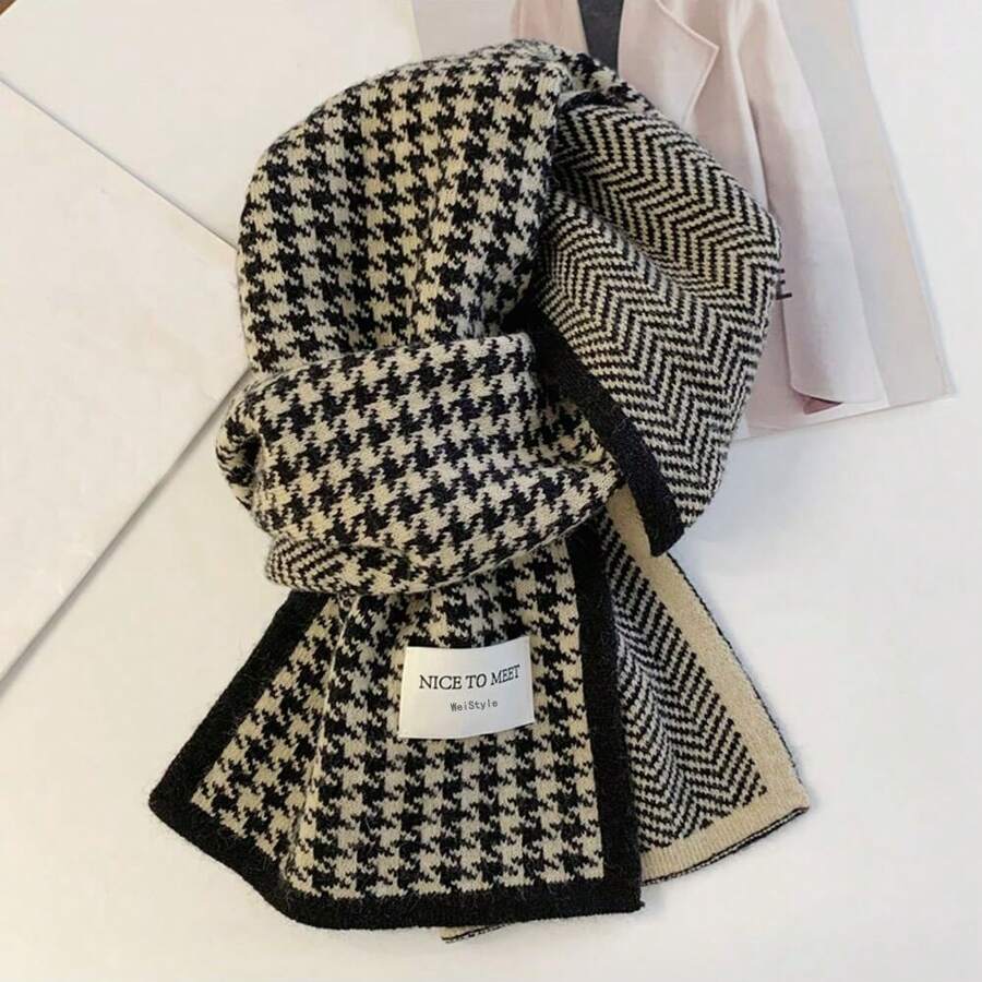 Elegant 1pc Women's Colorblock Houndstooth Check Pattern Square Knit ...