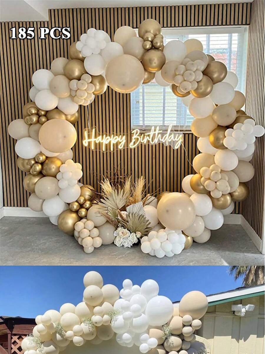 185Pcs Rustic Beige Balloon Garland Kit Chrome Gold Wedding Birthday ...