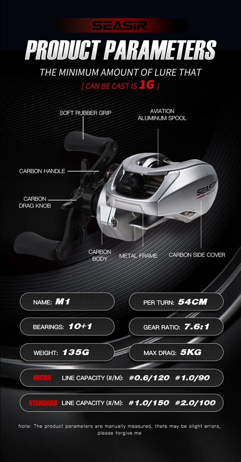 SEASIR Seasir M1 135g メタルフレーム ベイトキャスティング フィッシングリール 超軽量 10 + 1bb 7.6：1 カーボンファイバードラグウォッシャー ハイブリッド ...