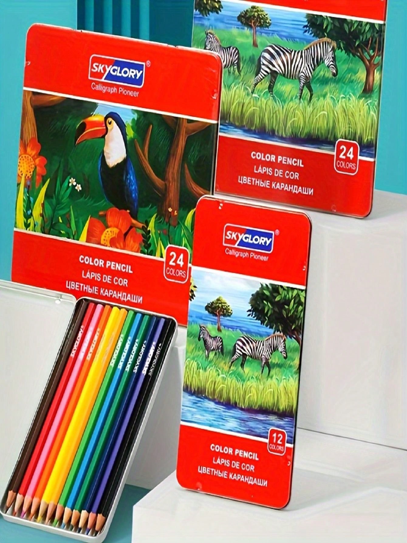 12-Color Student Grade Colored Pencils In Metal Case, Wooden Drawing ...