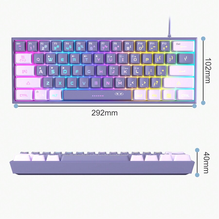 MageGee TS91 60% Compact Wired Keyboard Violet 61 Keys RGB Backlight ...
