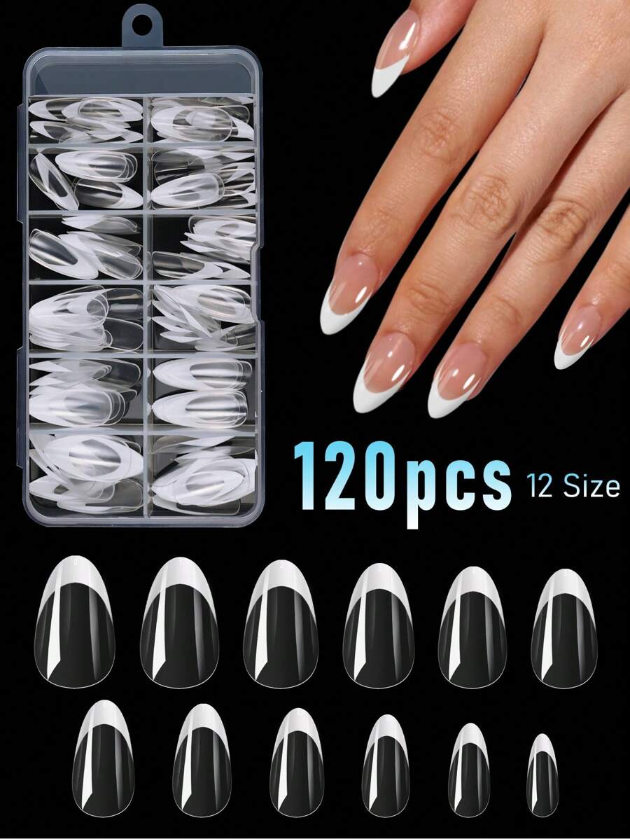 120pcs French Style Almond Shaped False Nails, Transparent Base For ...