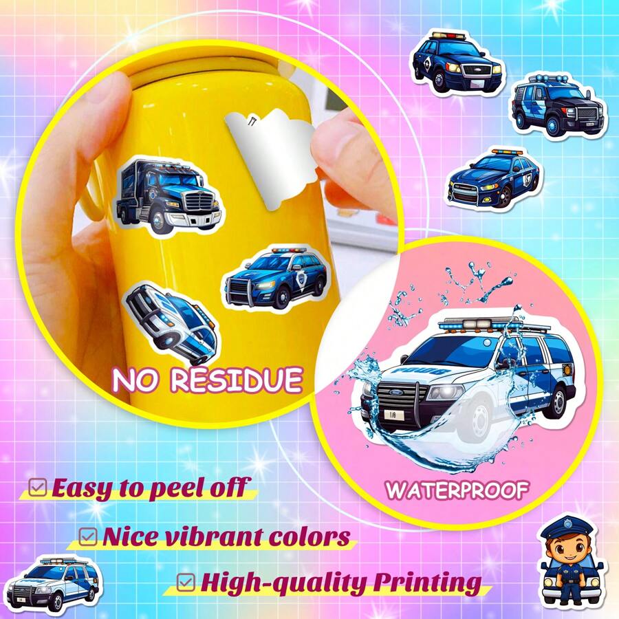 50 Sheets Of Children's Police Car Stickers, Police Car Cartoons, Car ...