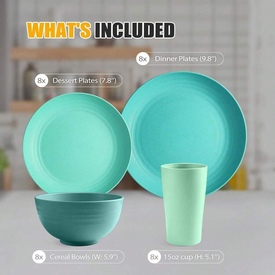 32-Piece Kitchen Green Plastic Wheat Straw Dinnerware Set, Service For ...