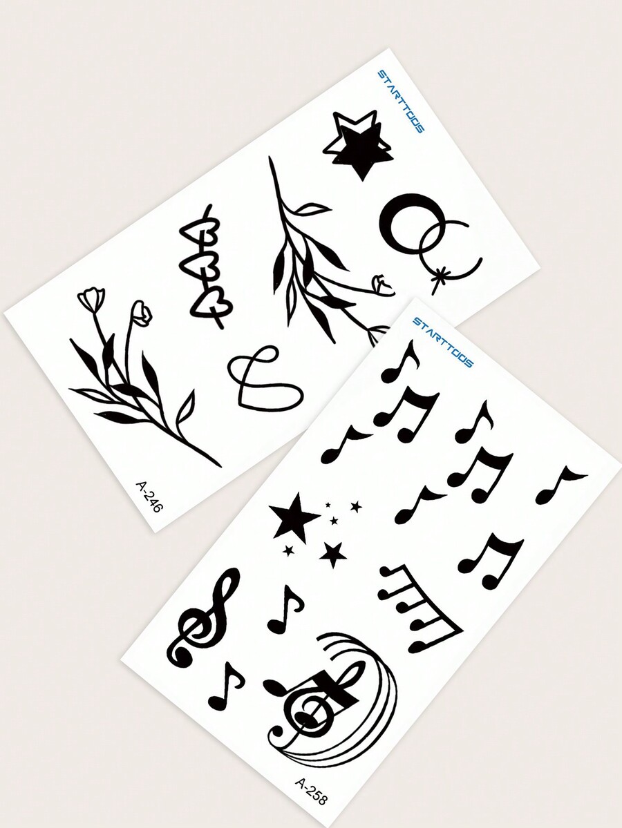 2pcs Black Music Notes, Flowers, Hearts, Crescent Moon Y2K Small Tattoo ...